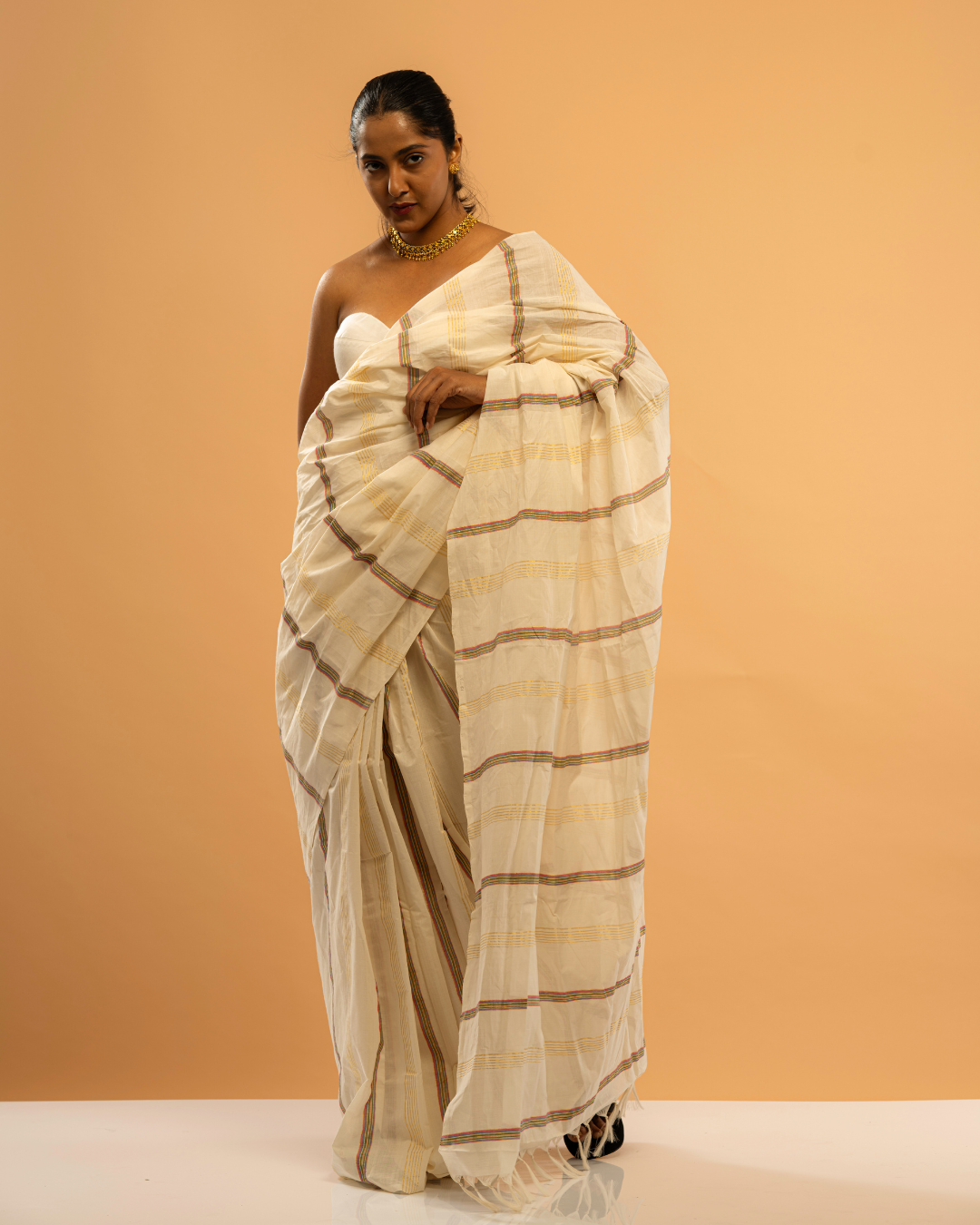 Mullapoov | Multicolor-Golden Close-Striped Kasavu Saree