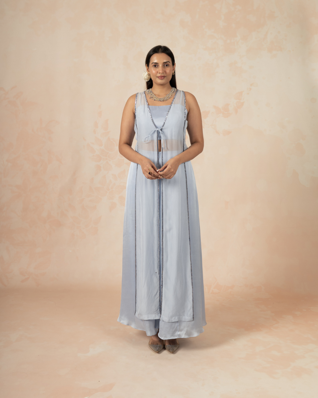 Isha | Greyish Blue Organza Embroidered Jacket