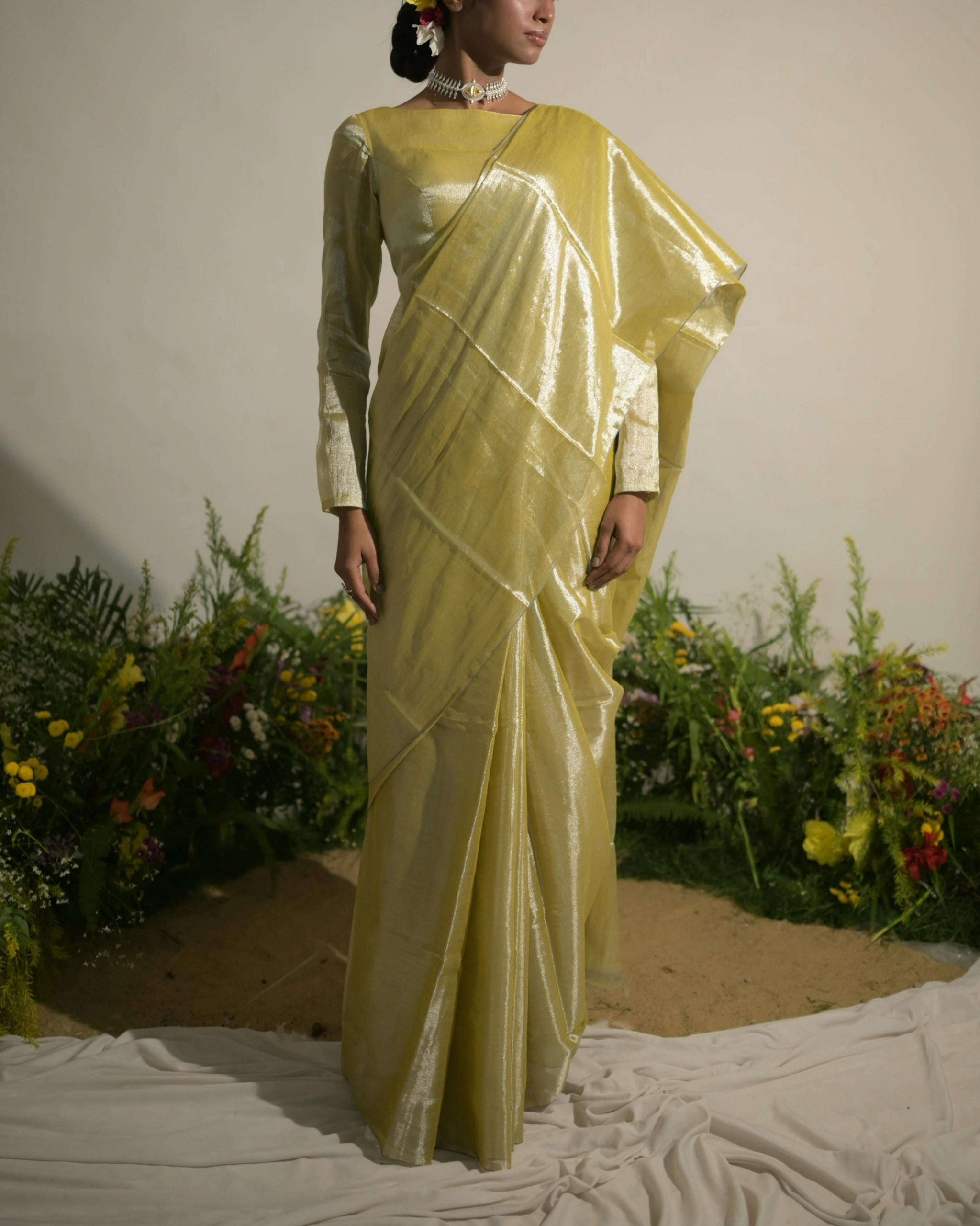 Buttercup Spice I Neon Olive Tissue Saree