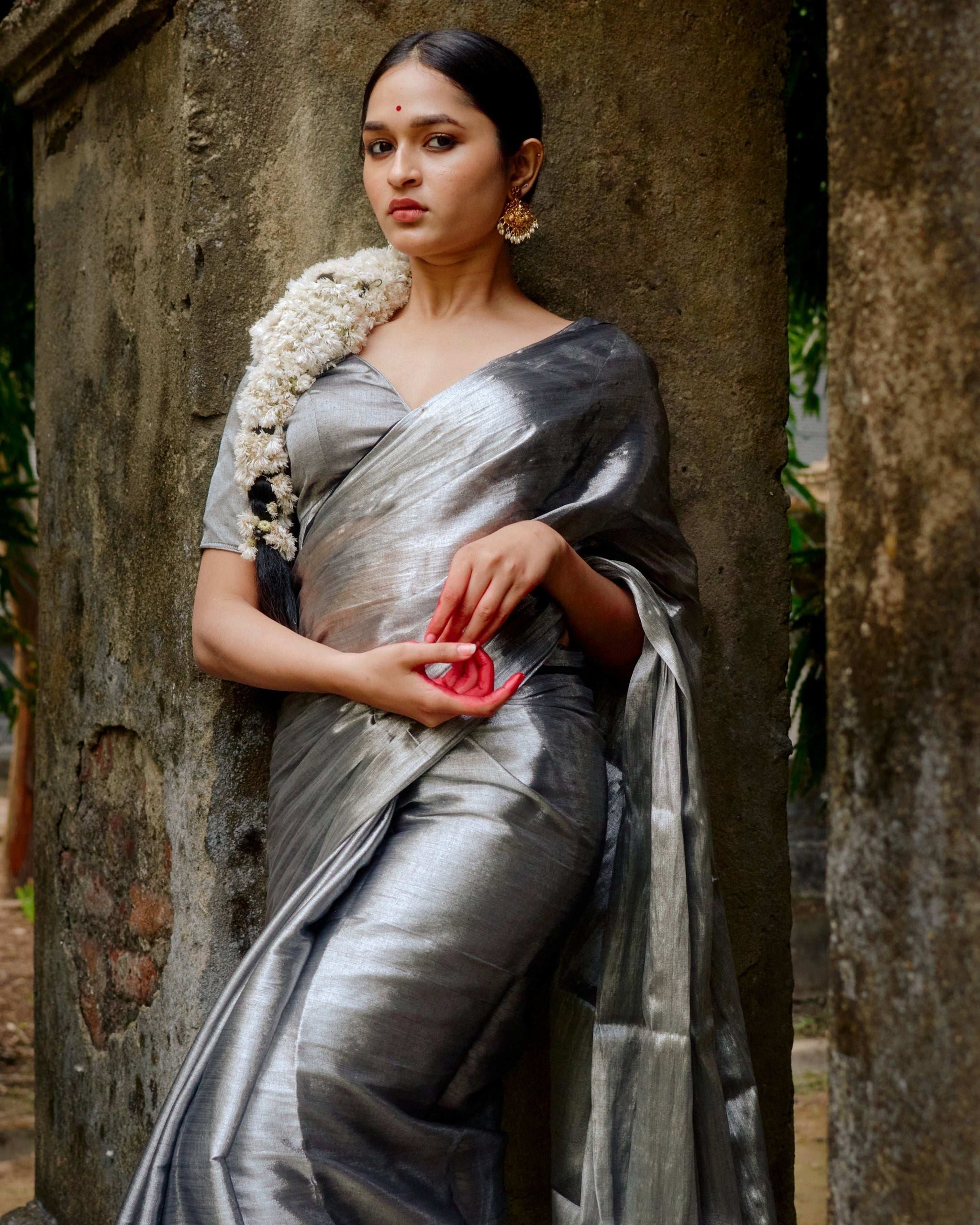 Ardhachandra I Silver Tissue Saree